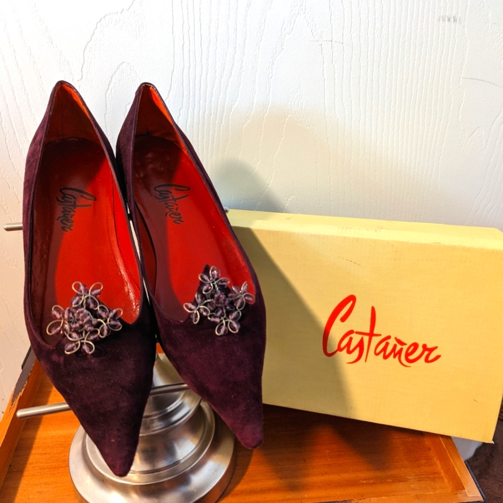 Rare Wine Color Suede Embellished Flats, Made In Madr… - Gem